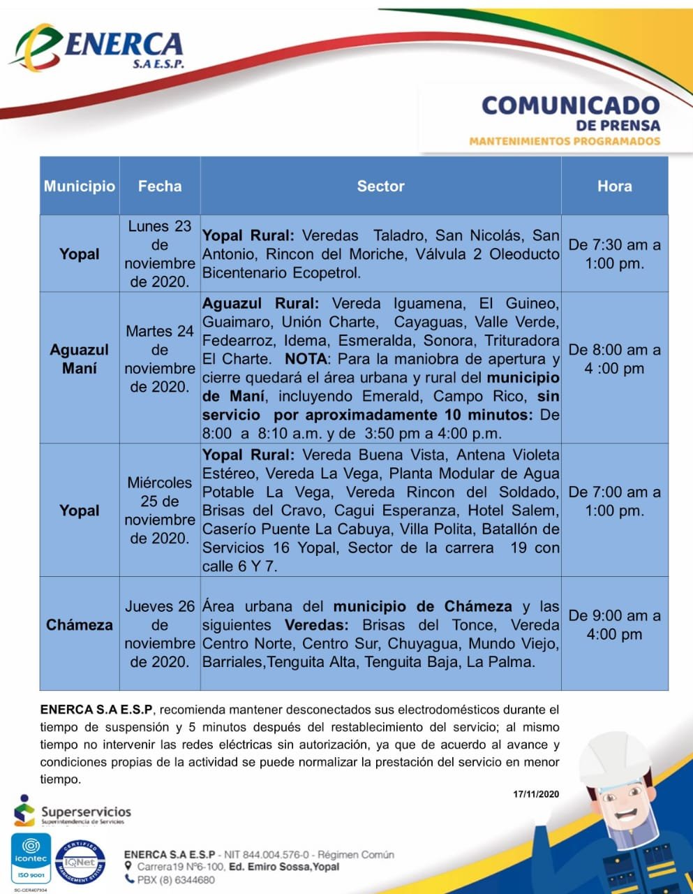 Enerca determina nuevos cortes programados de energía - El Nuevo Oriente